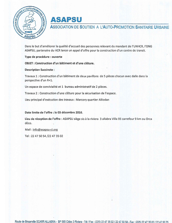 APPEL D'OFFRE POUR LA CONSTRUCTION BATIMENT - Annonces - Educarriere.ci
